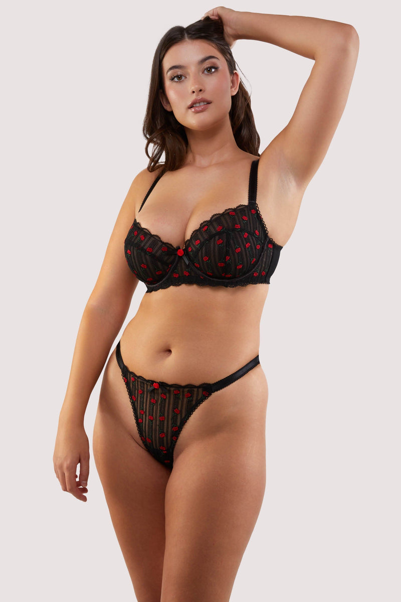 Elodie Black and Red Rosebud Embroidery Thong – Playful Promises USA