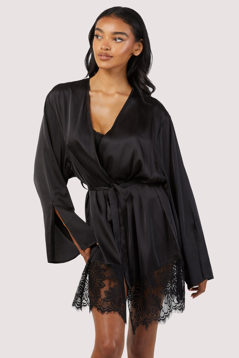 Rosie Black Satin and Lace Robe – Playful Promises USA
